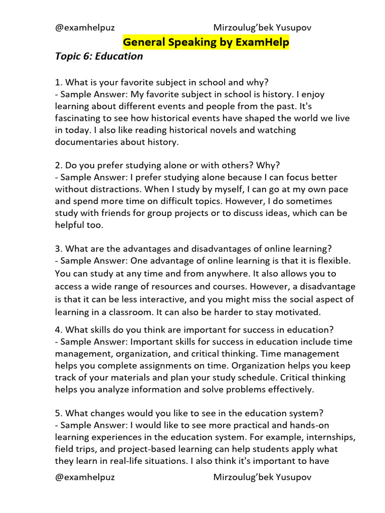 General Speaking Topic 6 by ExamHelp | PDF
