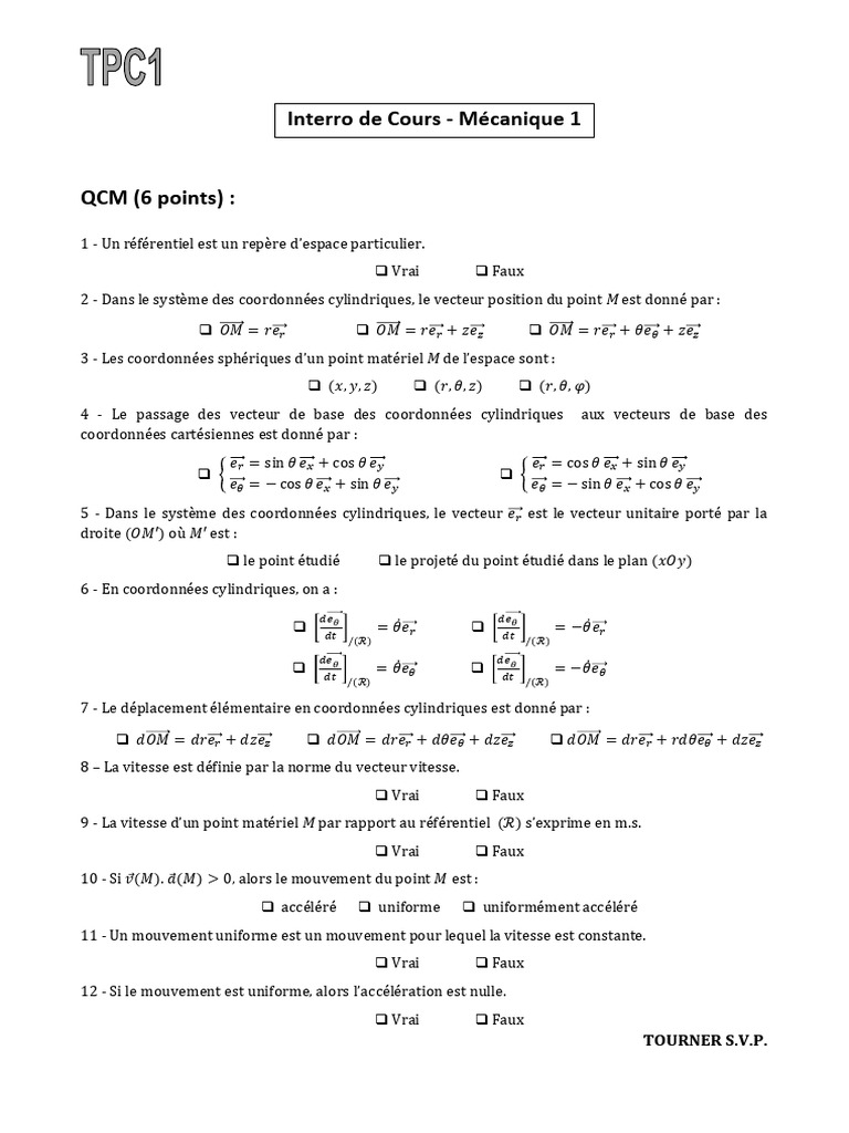 Interro Mécanique 1 | PDF