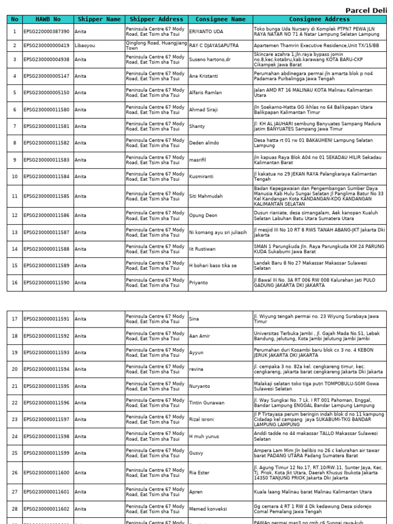 Parcel Delivery List 310 PCS | PDF