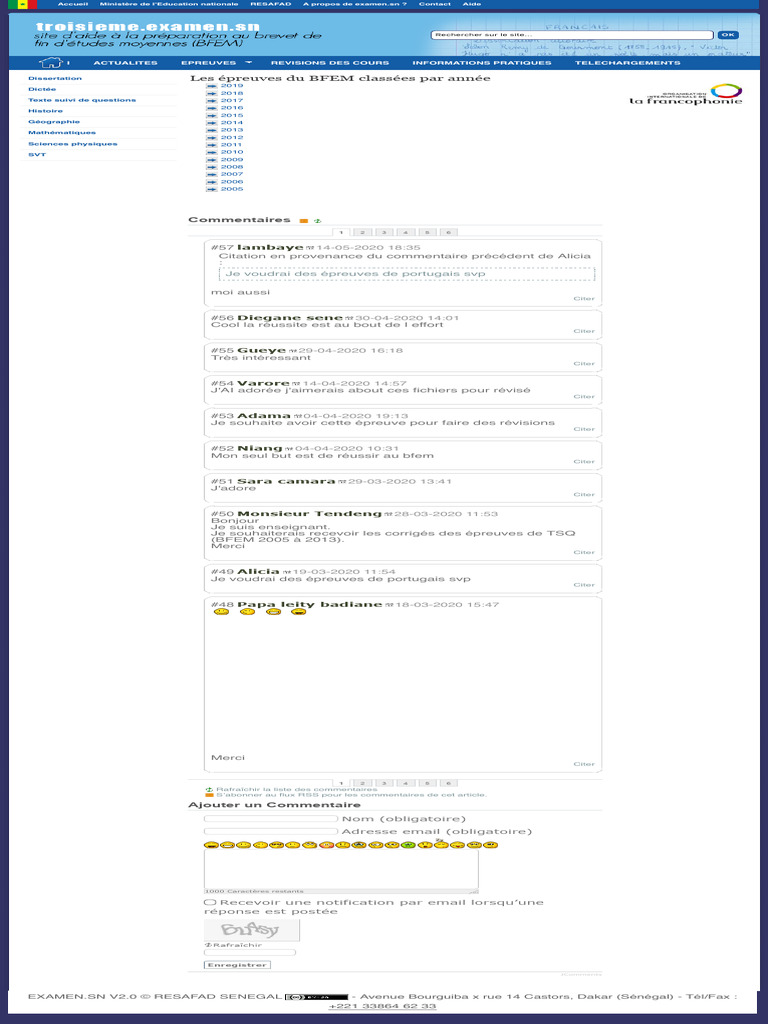 Les Épreuves Du BFEM Classées Par Année | PDF