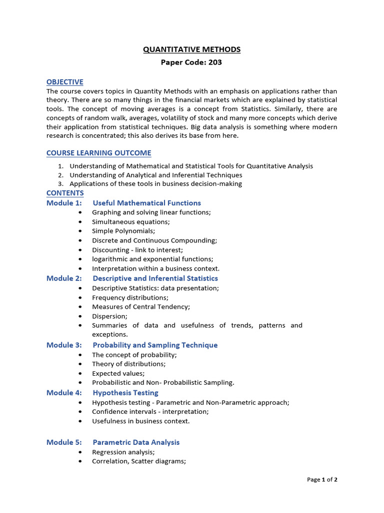 Quantitative Methods (203) - Annex - I | PDF