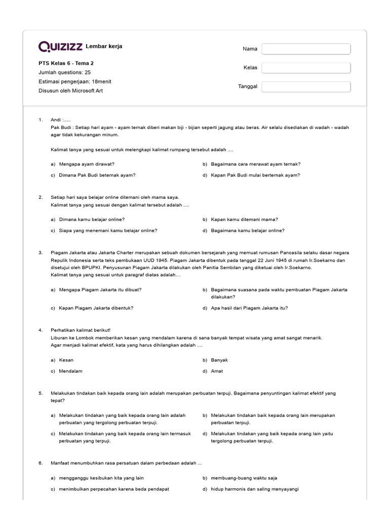 PTS Kelas 6 - Tema 2 - Quizizz | PDF