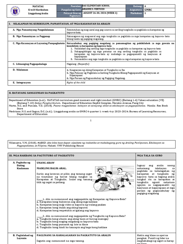 DLL Matatag - GMRC 4 Q1 W5 | PDF