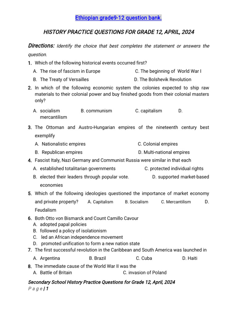 History Practice - Ethiopian Grade 9 - 12 Question Bank | PDF | Imperialism | Calvinism