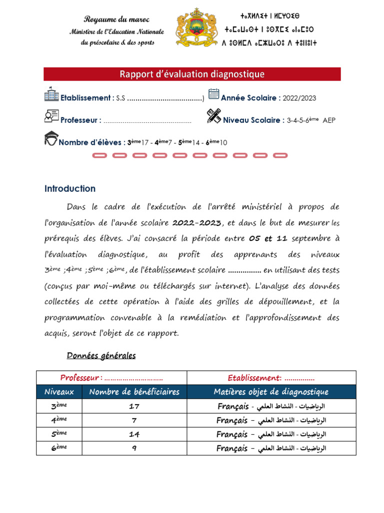 Ex 3 - Rapport D Evaluation Diagnostique Francais Math Sciences 3+4+5+6 ...