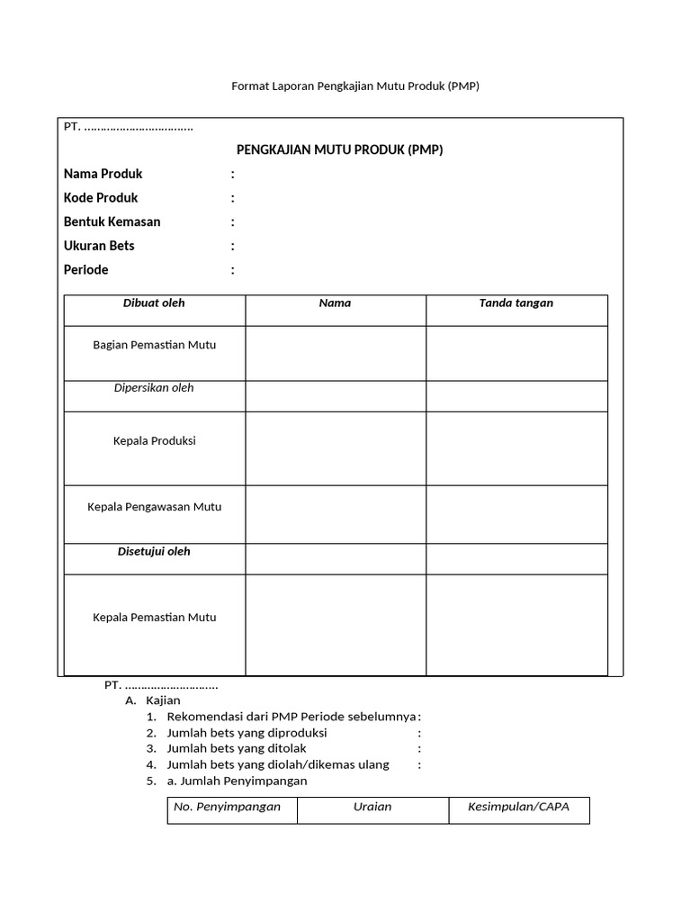 F. Format Laporan Pengkajian Mutu Produk | PDF