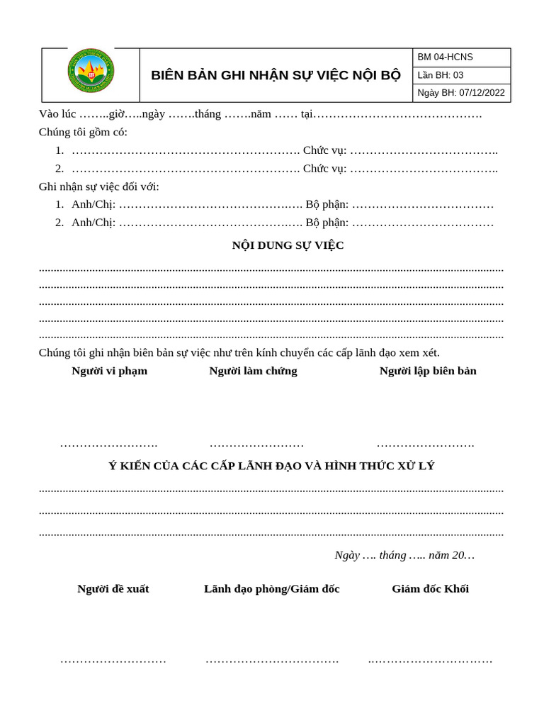 BM 04-HCNS. Biên bản ghi nhận sự việc | PDF