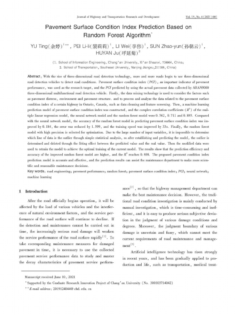 Yu Et Al 2021 Pavement Surface Condition Index Prediction Based On Random Forest Algorithm | PDF