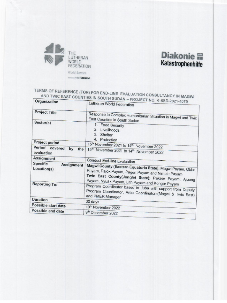 TOR Endline Evaluation DKH Project in Magwi and Twic East Counties | PDF