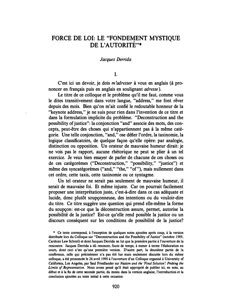 Derrida - The Force of Law (1990) 11 Cardozo Law Rev - Bilingual Text | PDF