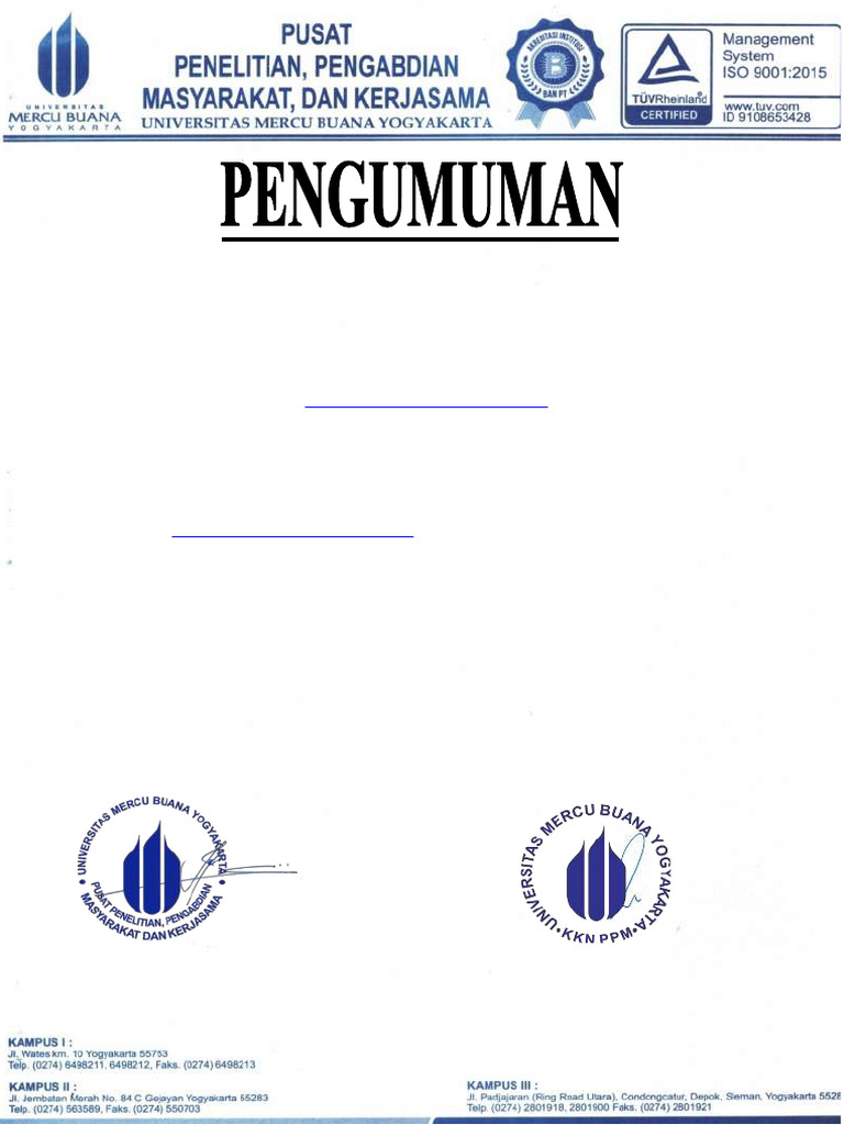 Pengumuman Entri Data Peserta Dan Timeline KKN PPM XLIII | PDF
