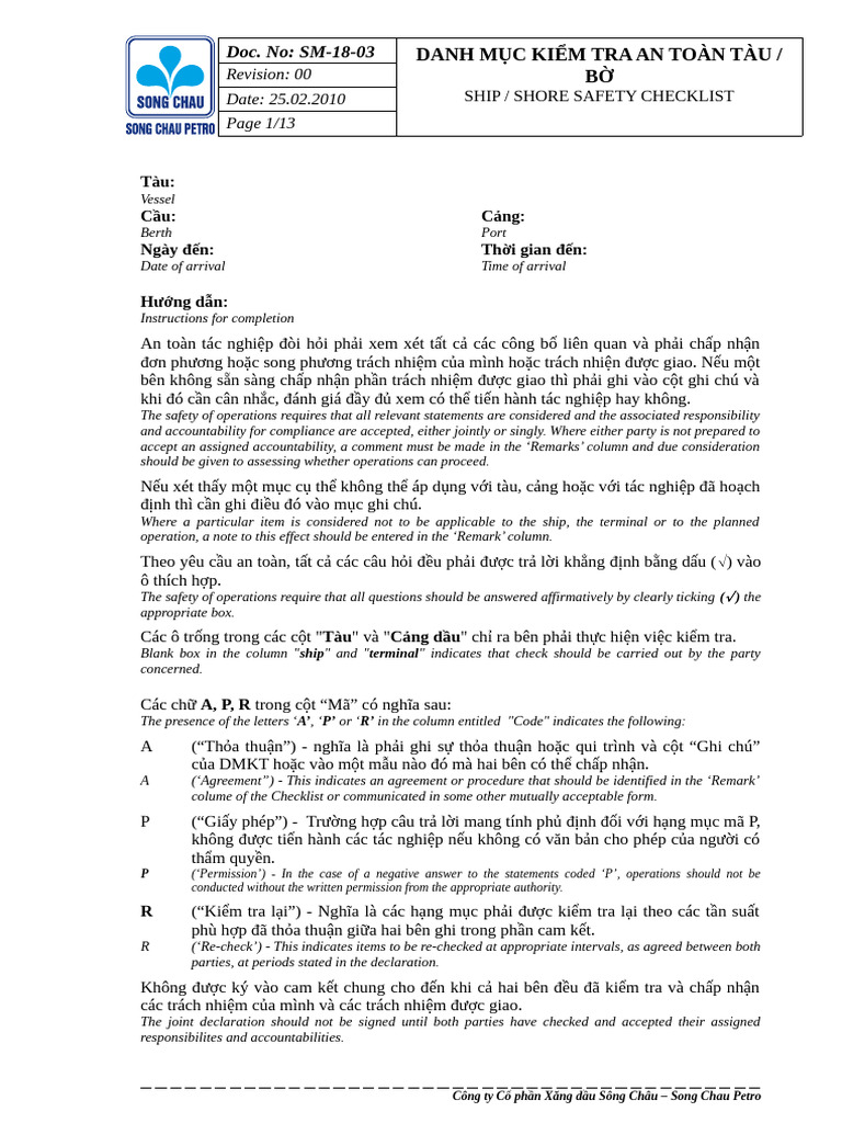 SM-18-03 - Safety Ship Shore Checklist | PDF