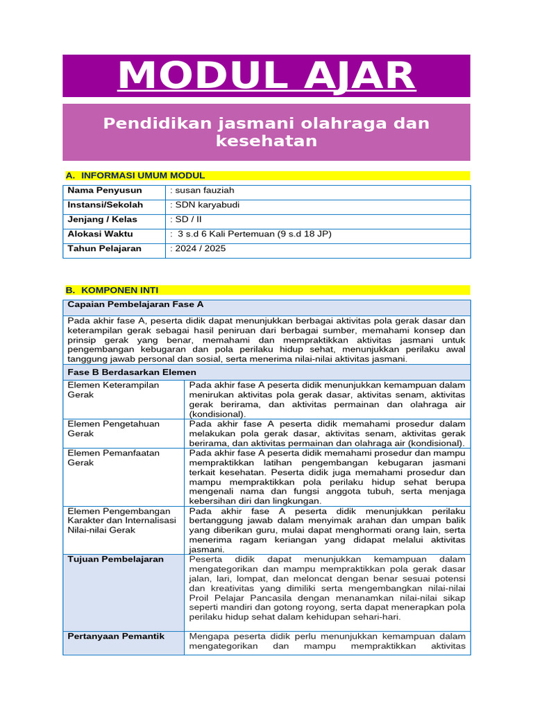 Modul Ajar Pjok KLS 2 | PDF