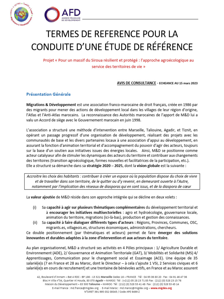 TDR Etude Baseline AGIR MIGRATIONS DEVELOPPEMENT | PDF
