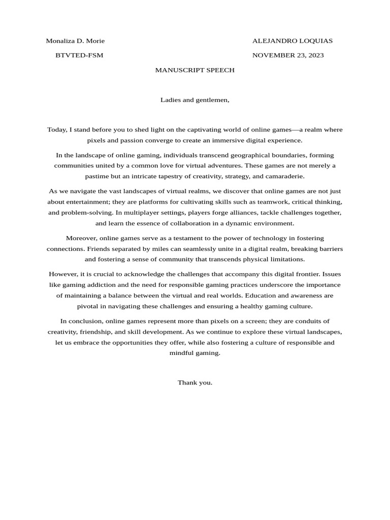 MANUSCRIPT SPEECH | PDF