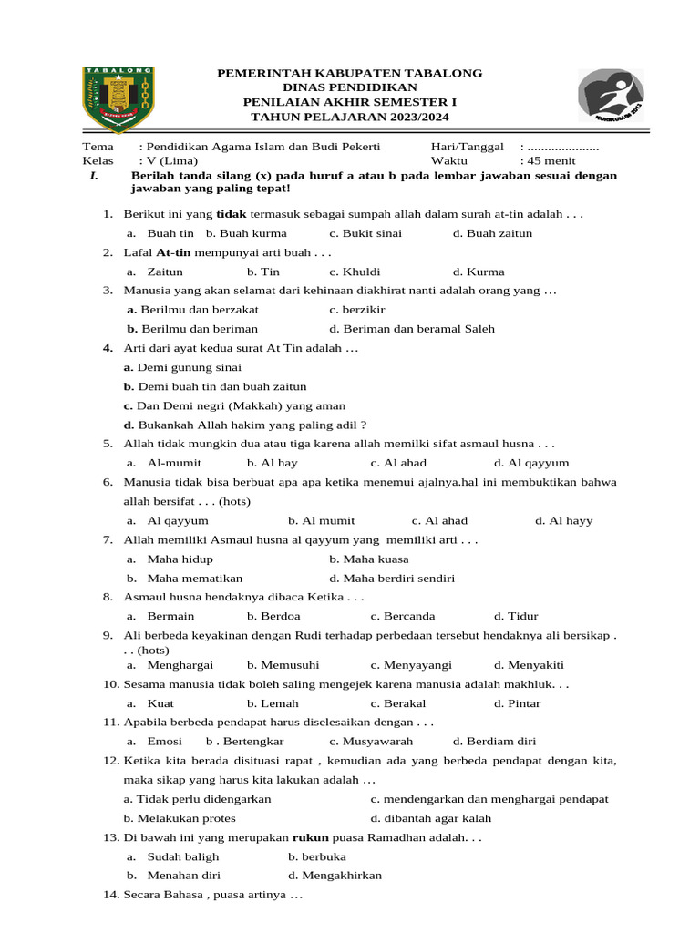 Soal PAS PAI Kls 5 2023 SMT 1 | PDF
