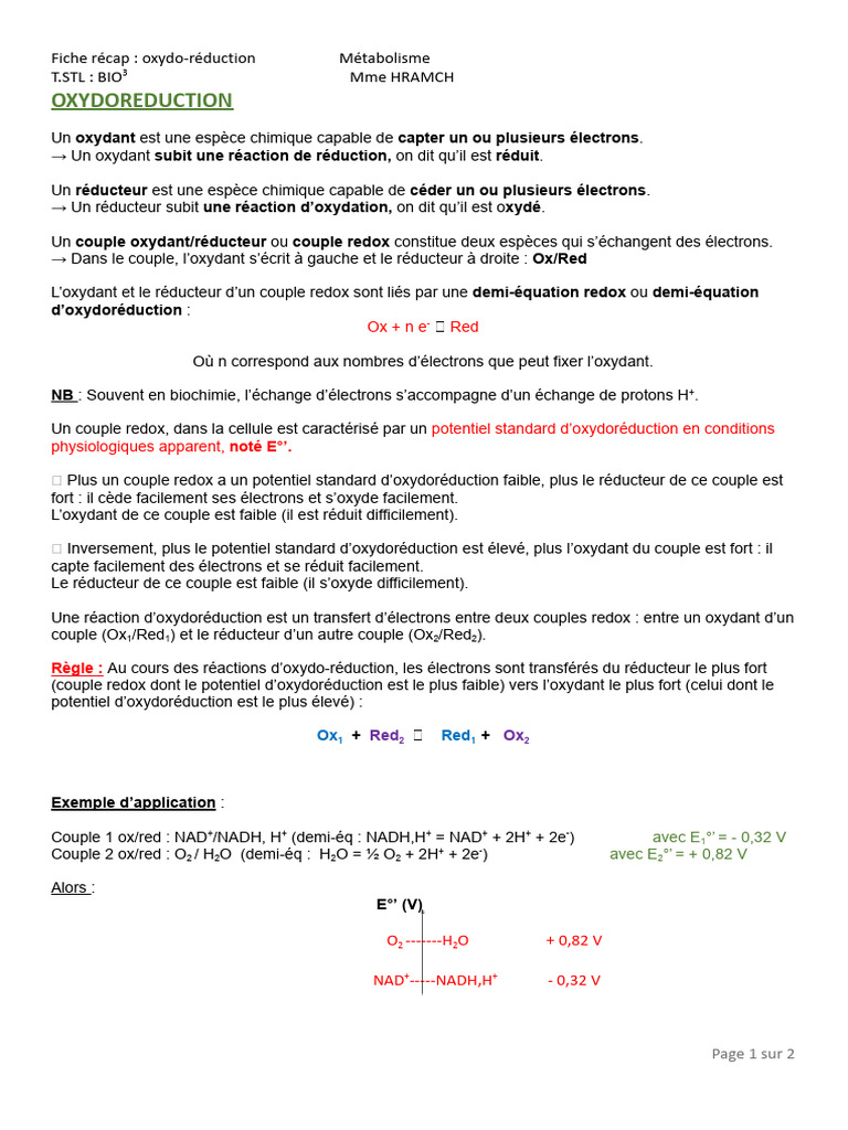 Fiche Oxydoreduction | PDF