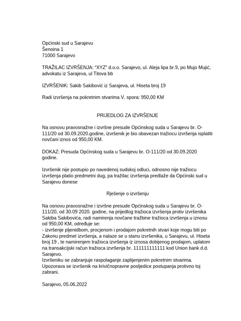 Prijedlog Za Izvršenje I | PDF