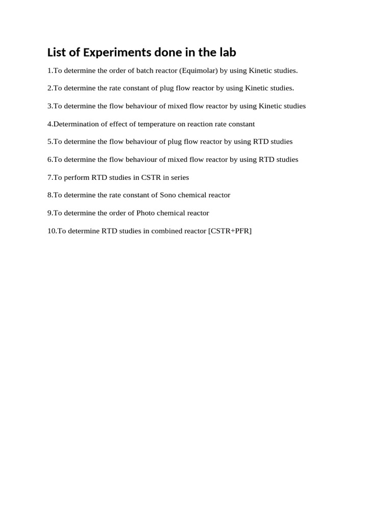 Experiments - Chemical Reaction Engineering Lab | PDF