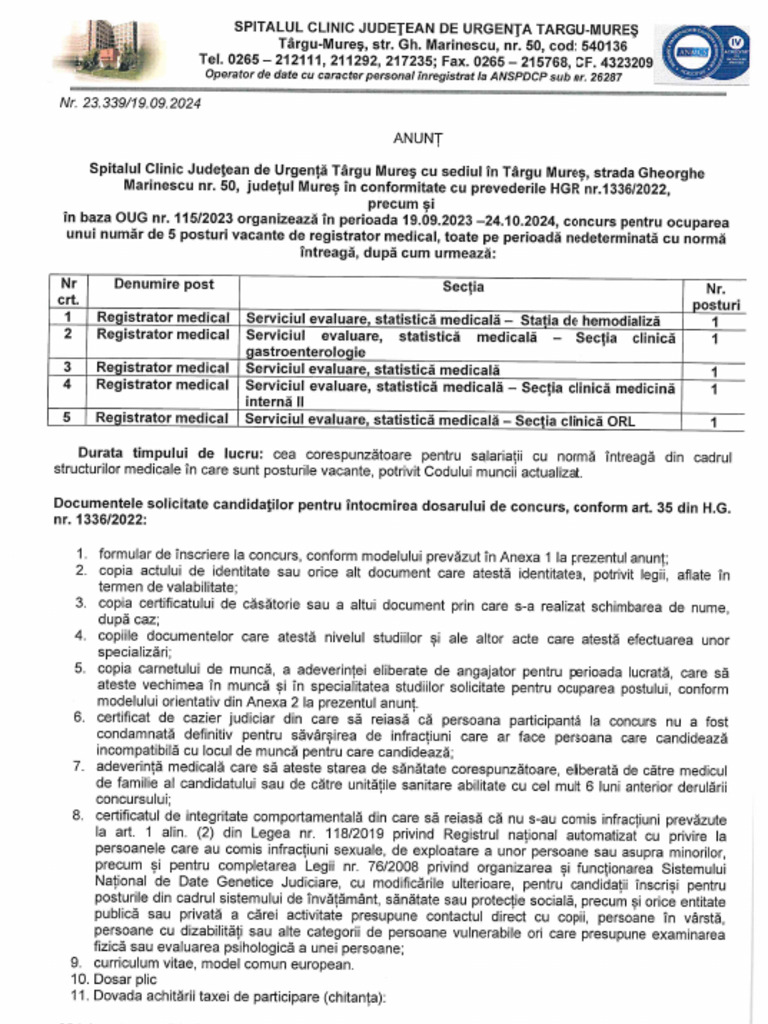 Anunt Concurs Registrator Medical | PDF