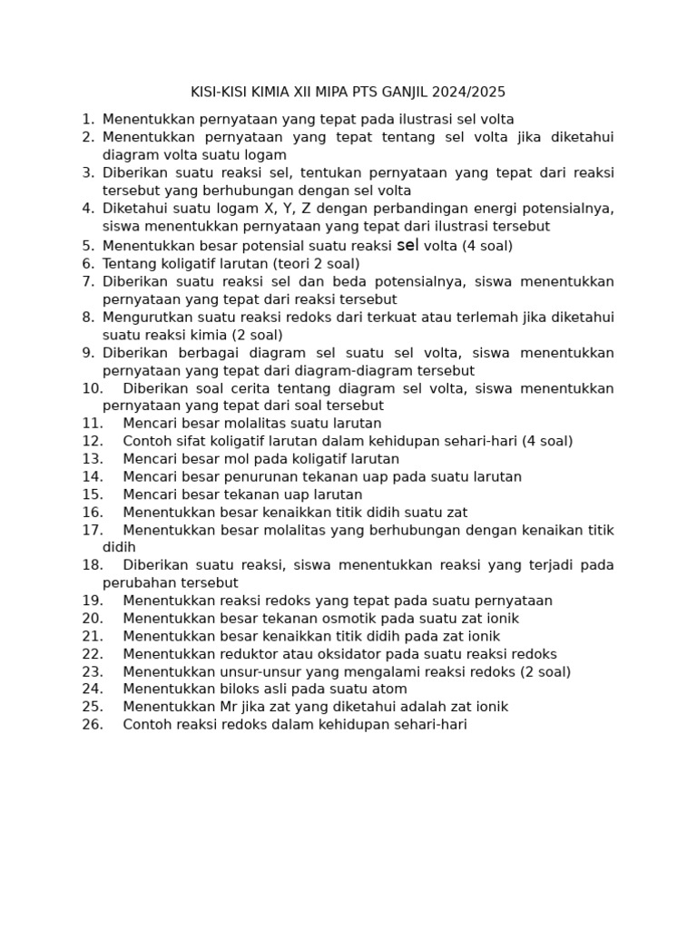 Kisi-Kisi Pts Kimia 2024 - 2025 | PDF