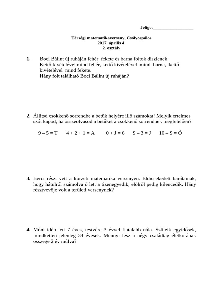 2 Osztály Feladatok 2017 | PDF