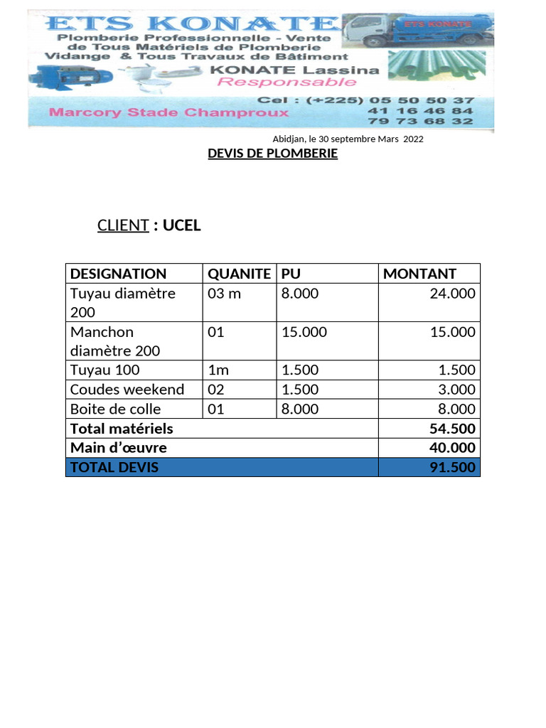 DEVIS PLOMBERIE KONATE 30 Sept | PDF