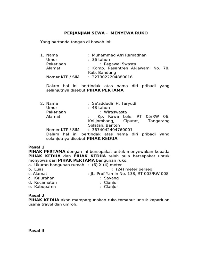 Perjanjian Sewa Ruko untuk Usaha Travel | PDF