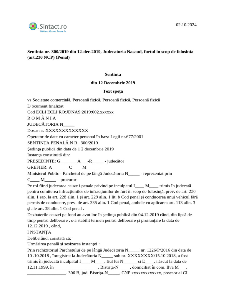 Sentinta NR 300 2019 Din 12 Dec 2019 Judecatoria | PDF