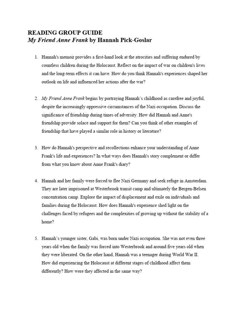 My Friend Anne Frank Reading Group Guide | PDF