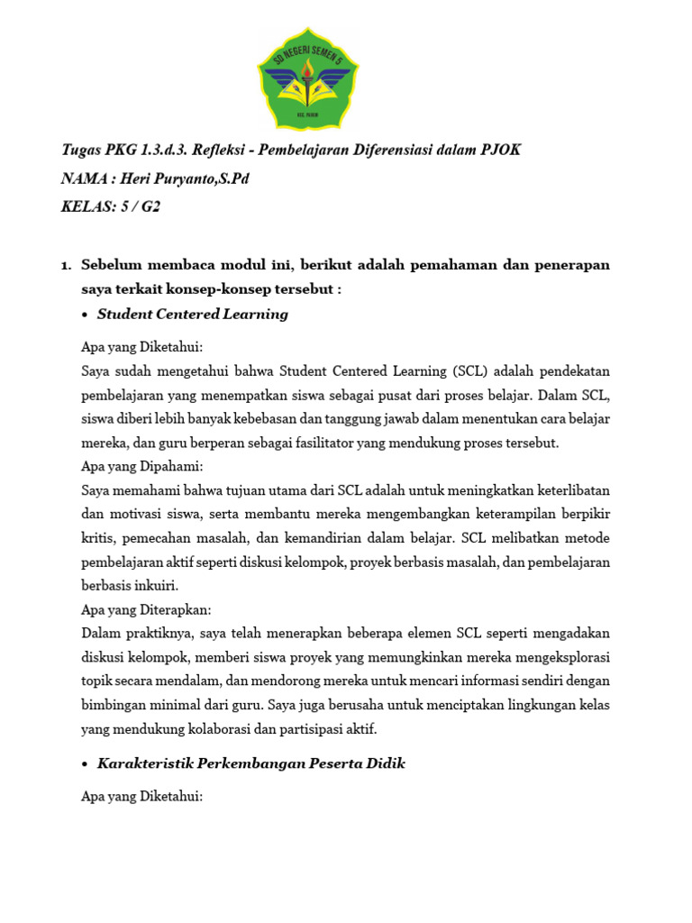 Tugas PKG HERI PURYANTO-1-3-d-3-Refleksi-Pembelajaran-Diferensiasi-dalam-PJOK | PDF