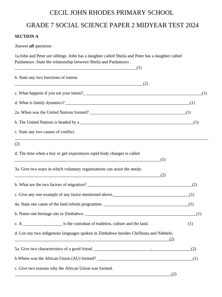 2024 Grade - 7 - Social - Sciences - Paper - 2 - Midyear - Exam | PDF | Social Science
