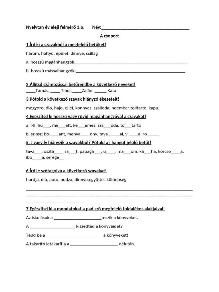 Nyelvtan Év Eleji Felmérő 3.o. A Csoport | PDF