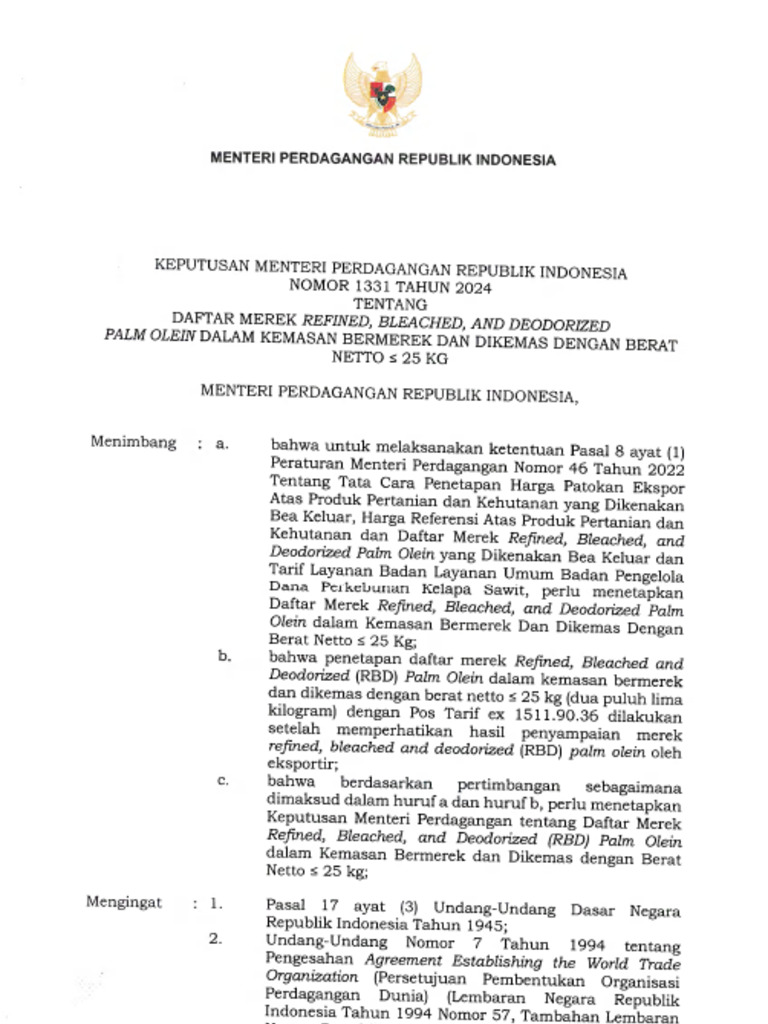 Keputusan Menteri Perdagangan Nomor 1331 Tahun 2024 Tentang Daftar ...