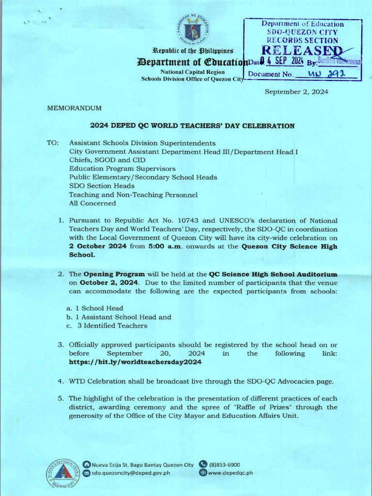 2024 Deped QC World Teachers Day Celebration 1 | PDF
