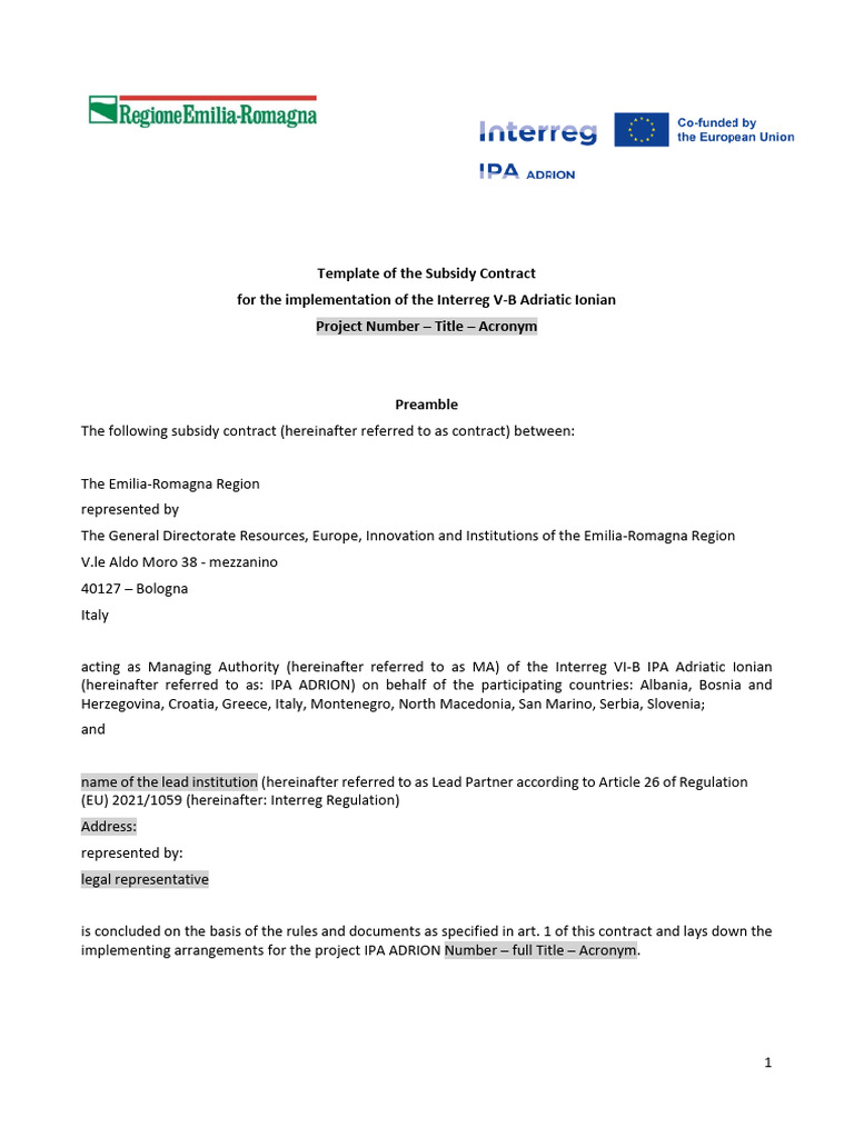 IPA ADRION Template Subsidy Contract 2023 - 04 - 03 | PDF