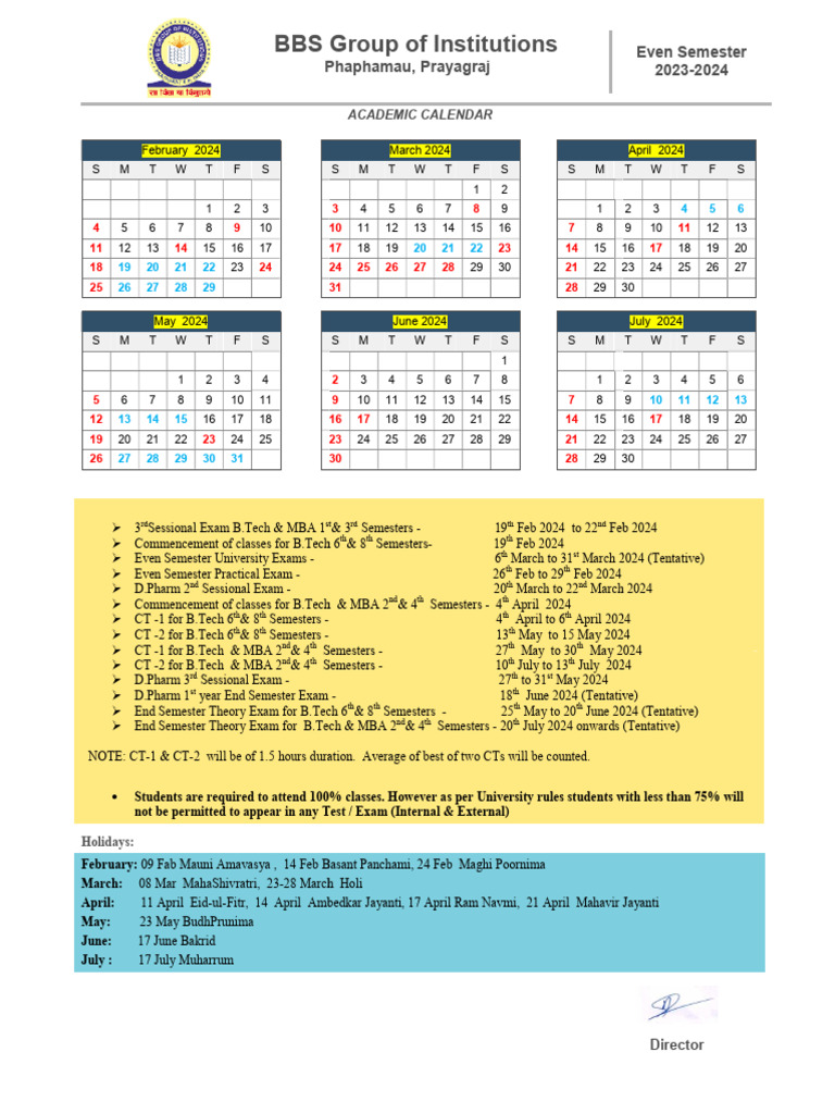BBS Academic Calendar Even Sem 2023-24 | PDF