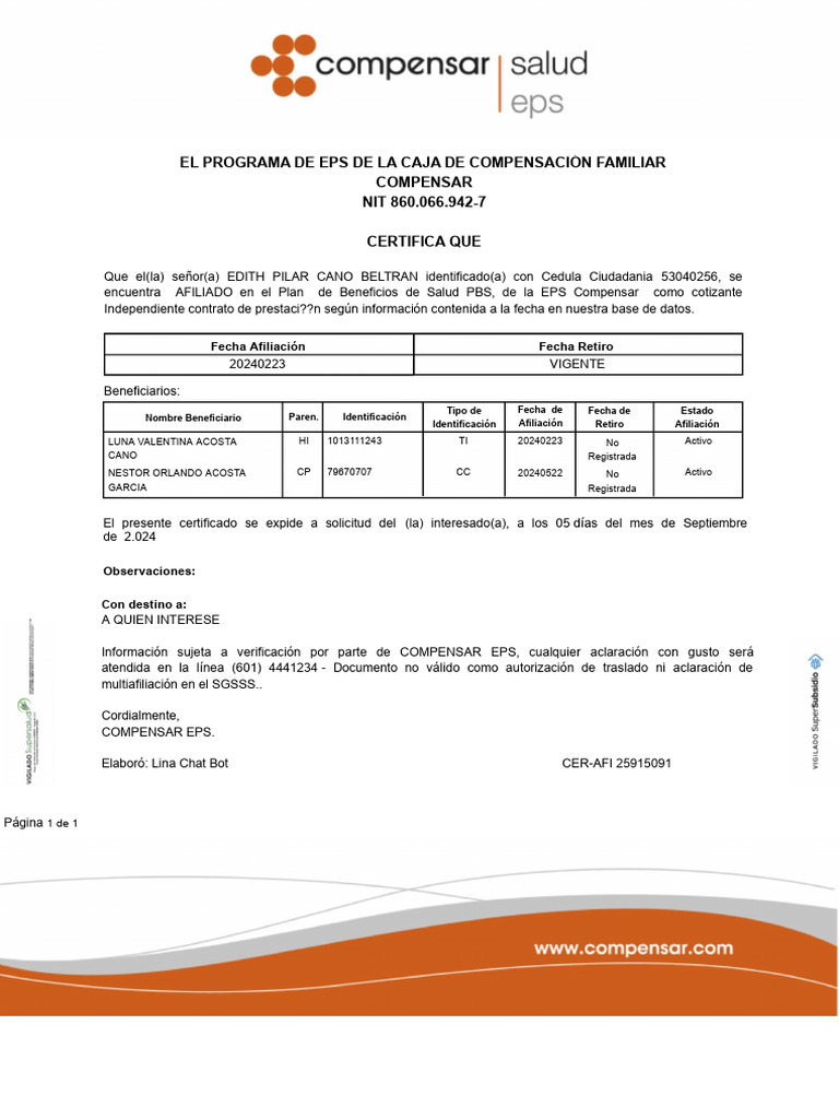 CERTIFICADO DE EPS COMPENSAR | PDF
