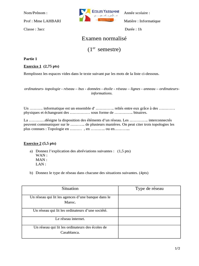 Examen Normalisé (1 Semestre) : Partie 1 Exercice 1 (2,75 PTS) | PDF