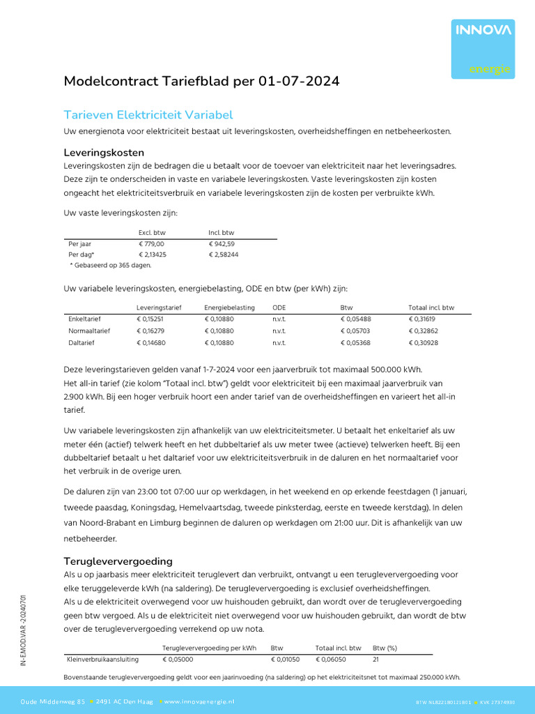 Innova Tariefblad Variabel Modelcontract Per 01-07-2024 | PDF
