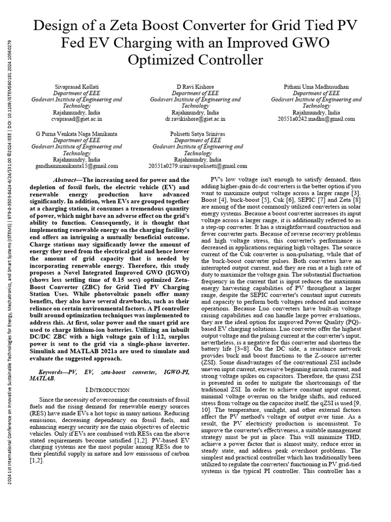 Design of A Zeta Boost Converter For Grid Tied PV Fed EV Charging With An Improved GWO Optimized ...