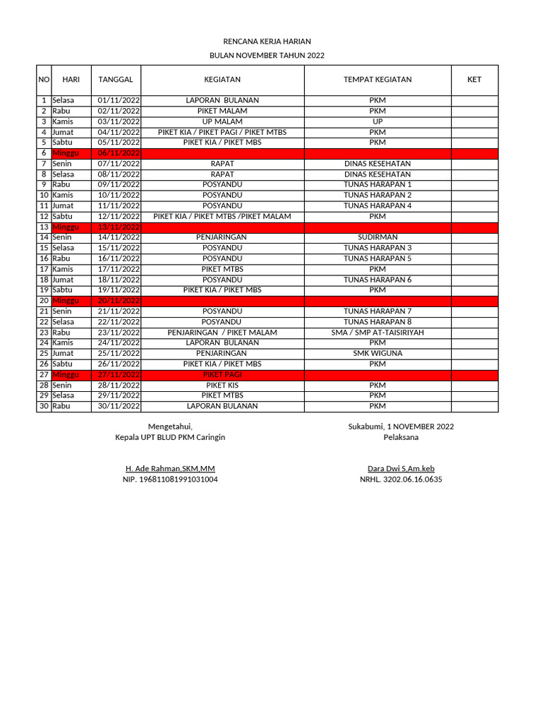 Rencana Kerja Harian | PDF