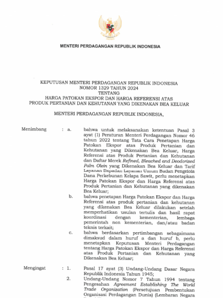 Keputusan Menteri Perdagangan Nomor 1329 Tahun 2024 Tentang Harga Patokan Ekspor Dan Harga ...