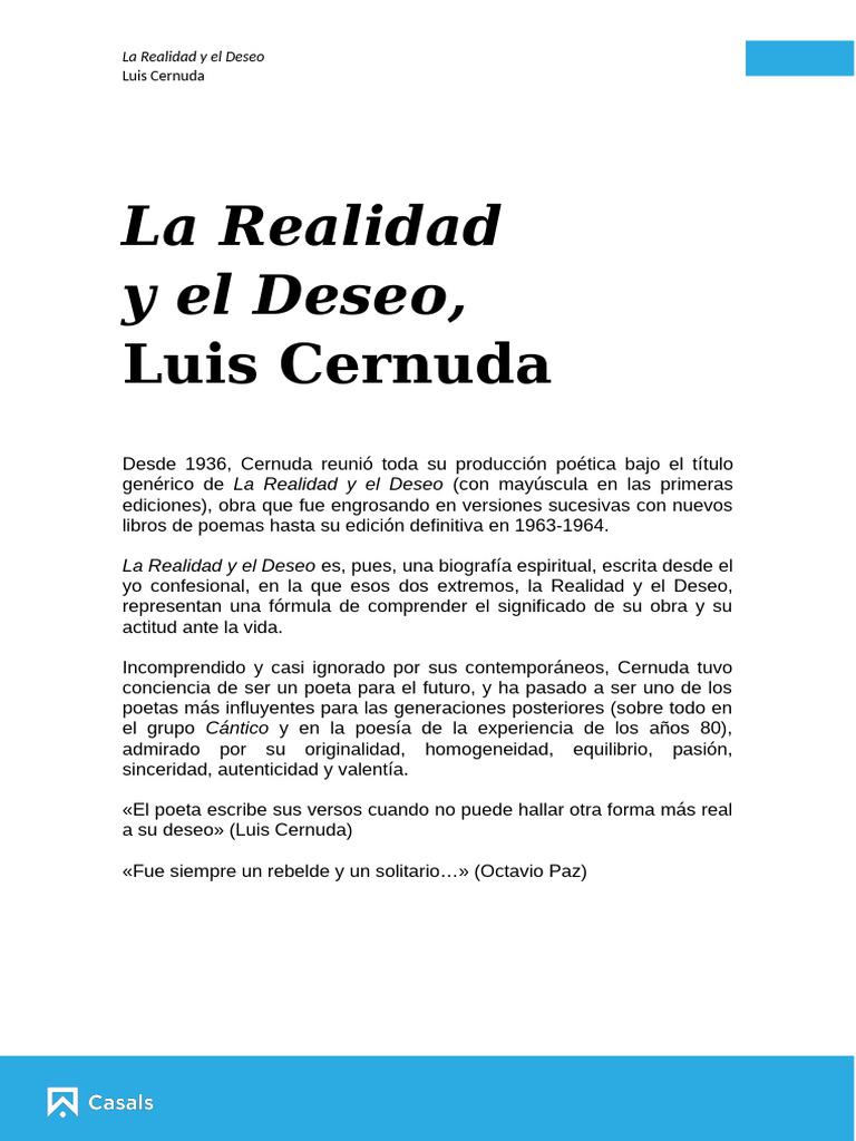 La Realidad y El Deseo Luis Cernuda - 1443915 | PDF | Amor | Clásicos