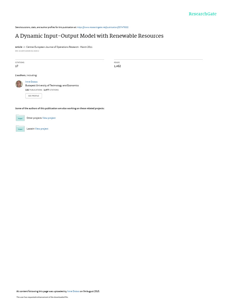 A Dynamic Input-Output Model With Renewable Resour | PDF
