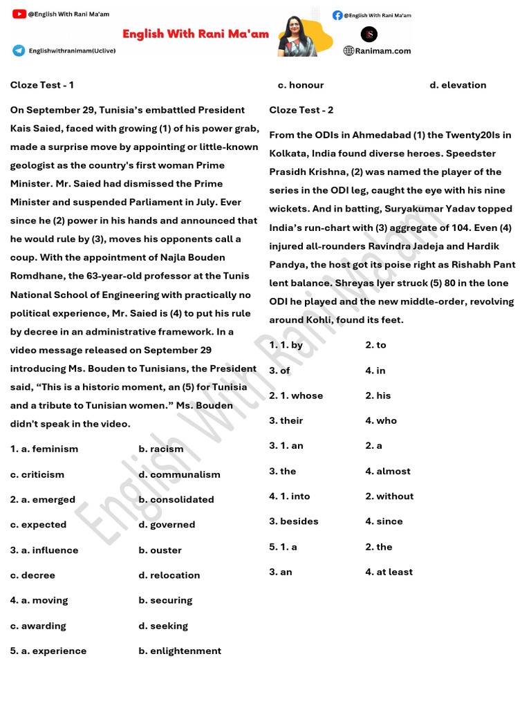 Cloze Test + Passage + Fill Ups 9th July | PDF