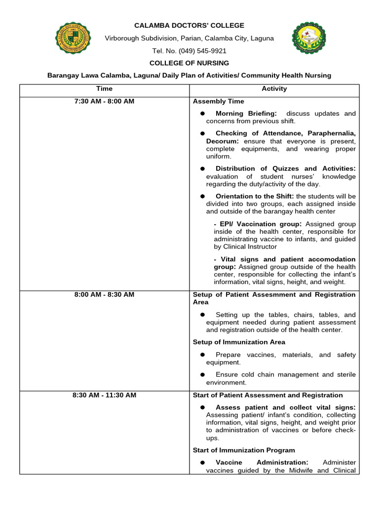 Head Nursing_Daily Plan of Activities | PDF