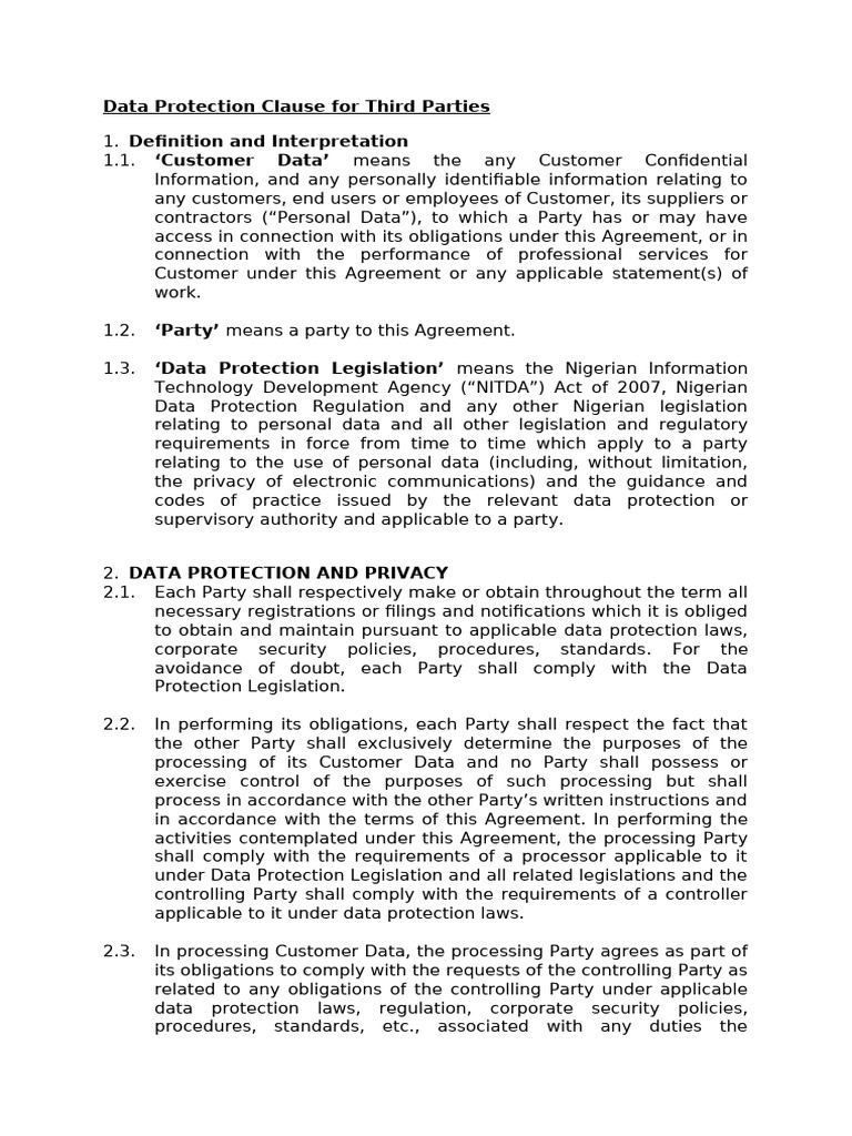 Template Data Protection Clause For Agreements | PDF