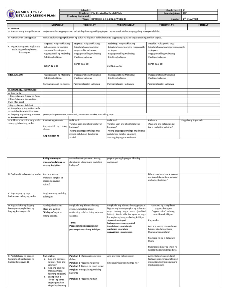DLP - Esp 6 - Q2 - W2 | PDF