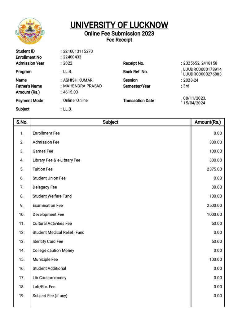 Fee Receipt _ Lucknow University (8) | PDF